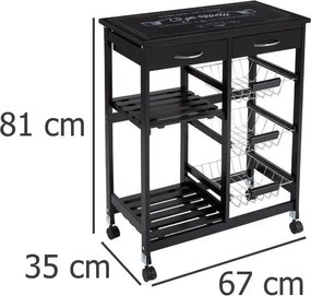 Kuchyňský regál na kolečkách, černý, 67 x 35 x 81 cm