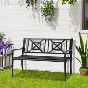 Outsunny Dvou místná zahradní lavice z oceli s područkami a dekorativním opěradlem pro terasu, balkon, patio, nosnost 240 kg, 128x62,5x81,5 cm, černá