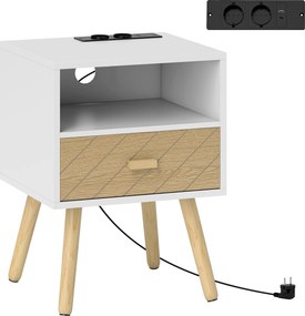 Noční stolek HOMCOM s nabíjecí stanicí, šuplíkem, 2 zásuvkami, USB & USB‑C, otevřenou policí, borovicové nohy, bílý