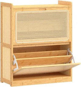 HOMCOM úzká botníková skříňka z bambusu s 2 sklápěcími ratanovými zásuvkami pro 12-14 párů bot, 69x29x83 cm, přírodní