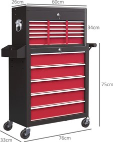 HOMCOM Dílenský vozík s kolečky, vozík na nářadí se 14 zásuvkami, uzamykatelný Montážní vozík s perforovanou bočnicí, rohože EVA, pojízdný vozík, čer…