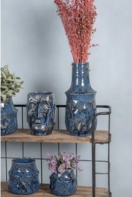 Modrý keramický obal na květináč/ váza s obličejem Blue Dotty L - 17*14*21 cm