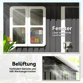 Zahradní Kůlna Outsunny 2,55m², Kůlna s Pultovou Střechou, 221 x 133 x 190/173 cm, Nářaďová Kůlna s Zamykatelnými Dveřmi, Okno, Garáž na Kolo, Ocelov…
