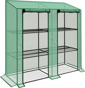 Outsunny 3-patrový zahradní skleník s regály, šikmá střecha a 2 zipové dveře pro pěstování rostlin na terase 143x46x141/151 cm Zelený | Aosom