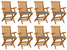 Skládací židle s šedými polštáři, 8 ks, masivní teakové dřevo 3072890