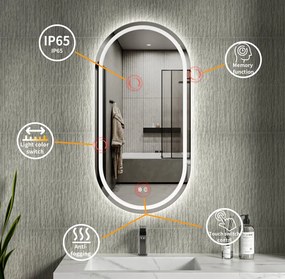 Erga Lyra, oválné LED zrcadlo 50x100cm, 3 barvy světla, přední a zadní osvětlení, vyhřívací podložka proti zapaření, ERG-V01-LYRA-5010-CL