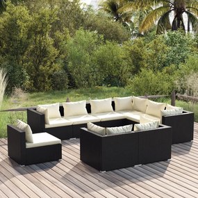 vidaXL 9dílná zahradní sedací souprava s poduškami polyratan [3102639] Barva: Černá a krémová