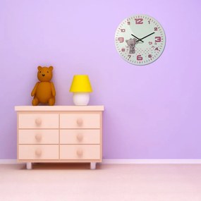 Bílé nástěnné hodiny pro děti s medvídkem a červeným ciferníkem