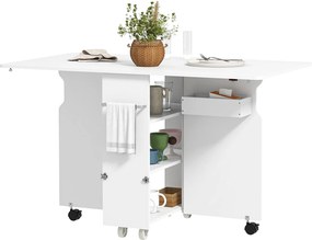 Skládací stůl HOMCOM s vyklápěcími deskami a 3 úrovněmi polic, úložná skříňka a kola, MDF, 130x80x76.5 cm, bílý | Aosom
