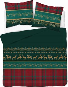 Vánoční flanelové Povlečení 160x200 zelené se soby a kostkovaným vzorem