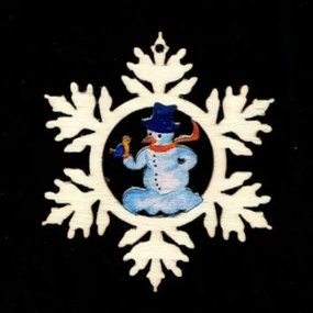 AMADEA Dřevěná ozdoba barevná vločka se sněhulákem 6 cm