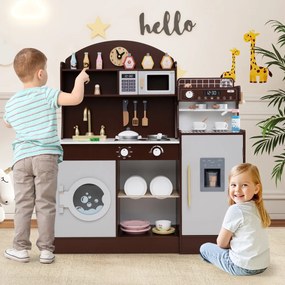 Costway Dětská kuchyňka s 27 doplňky hrací kuchyňka dřevo s hodinami – hnědý