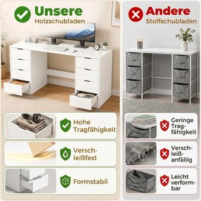 HOMCOM Psací stůl 140 cm s 8 zásuvkami, moderní kancelářský stůl s úložným prostorem, bílý vzhled dřeva