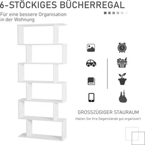 HOMCOM Moderní Knihařská Skříň s 6 Policemi pro Jídelnu, Obývací Pokoj a Kancelář 80x23x192 cm Bílá