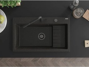 Mexen Omar, 1-komorový granitový dřez 800x480x210 mm, černá-zlatá metalíza, grafitový sifon, 6520801005-75-B