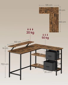 L-tvarovaný psací stůl se 2 prostornými zásuvkami, s nastavitelnou skladovací policí, 105x135x89,5 cm, rustikální hnědý