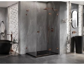 Mexen Lunar, L pravý výklopný sprchový kout 75 x 70 cm, 8mm čiré sklo, profil růžové zlato, 834L-075-070-60-00-P