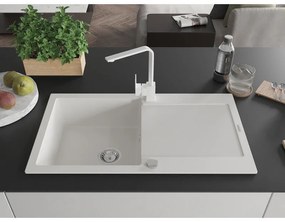 Mexen Leo, dřez granitový 900x500x190 mm, 1-komorový, bílý s chromovým sifonem a bílá dřezová baterie Rita, 6501-20-670300-20