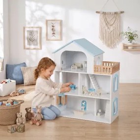 AIYAPLAY Domeček pro panenky 79,5 cm vysoký, 3patrový s výtahem, 13 kusy nábytku, balkón, velký dárek pro dívky od 3 do 6 let, modrý