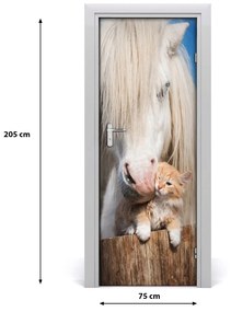 Samolepící fototapeta na dveře Bílý kůň s kočkou 75x205 cm