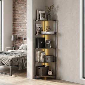 HOMCOM Knihovna 5-patrový rohový regál s LED osvětlením do obývacího pokoje, ložnice, kanceláře, Rustikální hnědá