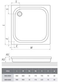 ROTH COLA sprchová vanička 800x800x170mm akrylátová, čtvercová, bílá, 8000003