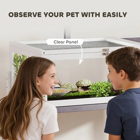 PawHut zvýšený dřevěný domek pro želvy – 2 zóny, držák na lampu, vysouvací zásuvka, šedý – 104 × 53 × 82 cm