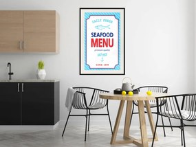 Plakát Menu - modrý reklamní vzor s anglickými texty a rybami