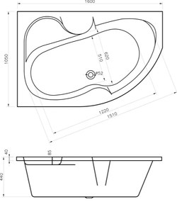 LOTOSAN Olive asymetrická vana 160x105, bez nožiček, pravá AQ LVA00160