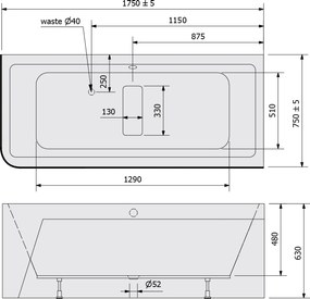 Polysan MARLENE CURVE R MONOLITH vana 175 x 75 x 63 cm obdélníková pravá 72034MCR