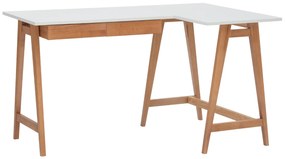 Bílý lakovaný rohový pracovní stůl RAGABA LUKA 135 x 85 cm s dubovou podnoží, pravý