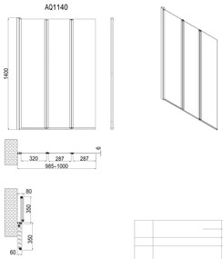 Aqualine, VANDA Vanová zástěna skládací 1000x1400 mm, chrom, brick sklo, AQ1140