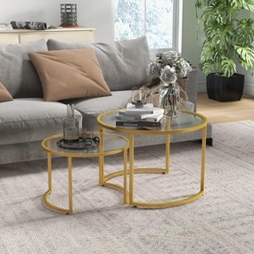 HOMCOM Sada 2 moderních kulatých stolků s variabilní výškou 70/54 cm, se skleněnou deskou a zlatým ocelovým základem