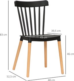 HOMCOM Sada 4 židlí v nordickém stylu s vysokým opěradlem, polypropylenovým sedákem a nohami z bukového dřeva, nosnost 120 kg, 48x52.5x83 cm, černá