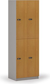 Dřevěná šatní skříňka S4 s úložnými boxy, 4 boxy, demont, mechanický kódový zámek, šedá/buk