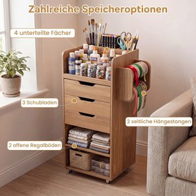 Costway Rolovací kontejner s 3 zásuvkami 2 rolovací tyče a 3 přihrádky řemeslný