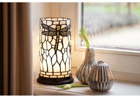 Bílá válcovitá stolní lampa Tiffany s vážkou DragonFly – 15x26 cm