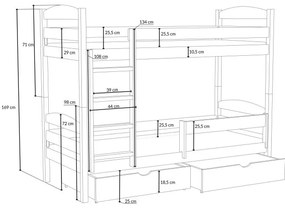 Dětská patrová postel z masivu borovice KAJETÁN se šuplíky - 200x90 cm - BÍLÁ