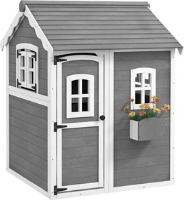 Dětský domeček Outsunny pro děti ve věku 3-8 let se 6 okny a květináčem, dřevěný domeček, 104,5x110x137 cm, Šedý | Aosom