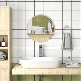Kleankin Kulaté Zrcadlo se Skladem na Koupelnové Doplňky - Ø 45 x 10H cm - Přírodní Dřevěný Efekt