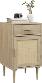HOMCOM Noční stolek s ratanovými dvířky a policí + 1 zásuvka, bohémský design - 40 x 68,5 cm, přírodní