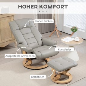 HOMCOM Relaxační křeslo s taburetem, otočné o 360°, naklopitelné o 130°, s funkcí polohování, vysoký opěrák, dřevěný rám, koženka, 76x85x104cm, šedé|…