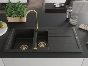 Mexen Andres, granitový dřez 1000x500x200 mm, 1,5-komorový, černá se zlatou metalízou a zlatým sifonem, 6515101510-75-G