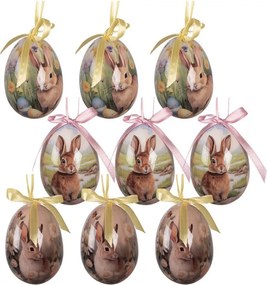 6ks dekorace barevné závěsné vajíčko s králíčky Spring Egg - Ø 5*8 cm