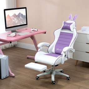Vinsetto Herní židle ergonomická s podnožkou králičí uši 135° polohovací kancelářská židle nastavitelná výška bederní opěrka hlavy koženka fialová