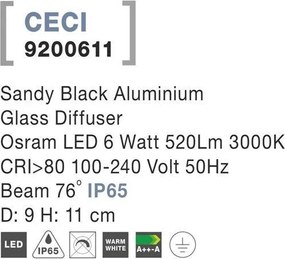 NV 9200611 Venkovní stropní svítidlo CECI černý hliník skleněný difuzor Osram LED 6W 3000K 100-240V 76st. IP65 - NOVA LUCE