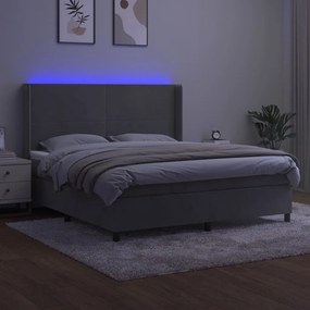 Box spring postel s matrací a LED světle šedá 180x200 cm samet 3139457