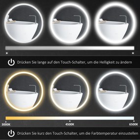 kleankin koupelnové zrcadlo s LED osvětlením, Ø 60 cm osvětlené zrcadlo s dotykovou funkcí, paměťová funkce bez mlhy s hliníkovým rámem | Aosom