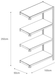 Bezšroubové kovové regál přídavný modul 250x100x50cm T profil, 4 police