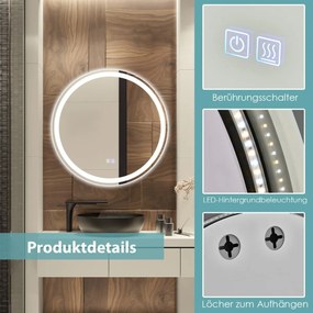 Costway Koupelnové zrcadlo Round LED zrcadlo pro montáž na stěnu 3000 K-6000 K Ø
